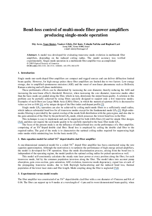 (PDF) Bend-Loss Control of Multi-Mode Fiber Power Amplifiers Producing ...