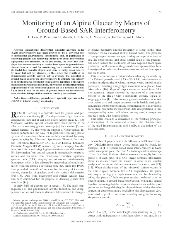 (PDF) Monitoring of an Alpine Glacier by Means of Ground-Based SAR Interferometry | Andrea ...