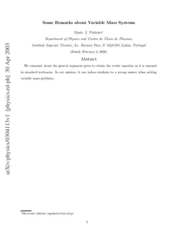 (PDF) Some Remarks about Variable Mass Systems