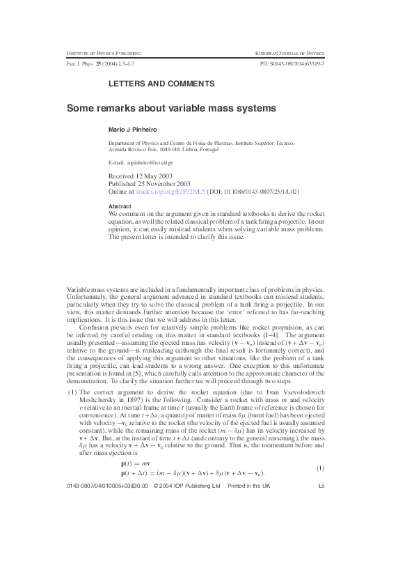 (PDF) Clarifying Variable Mass Systems and the Rocket Equation
