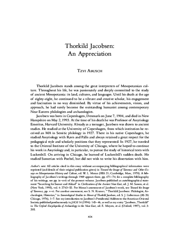 (PDF) "Thorkild Jacobsen: An Appreciation," in Riches Hidden in Secret ...