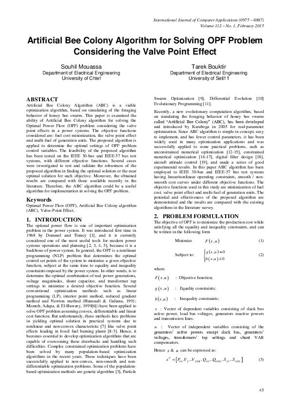 (PDF) Artificial Bee Colony Algorithm for Solving OPF Problem Considering the Valve Point Effect
