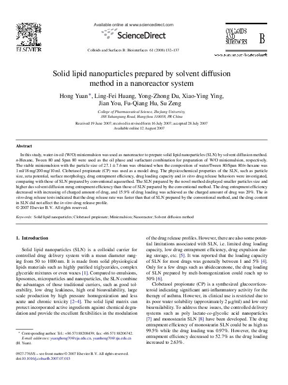(PDF) Solid lipid nanoparticles prepared by solvent diffusion method in ...