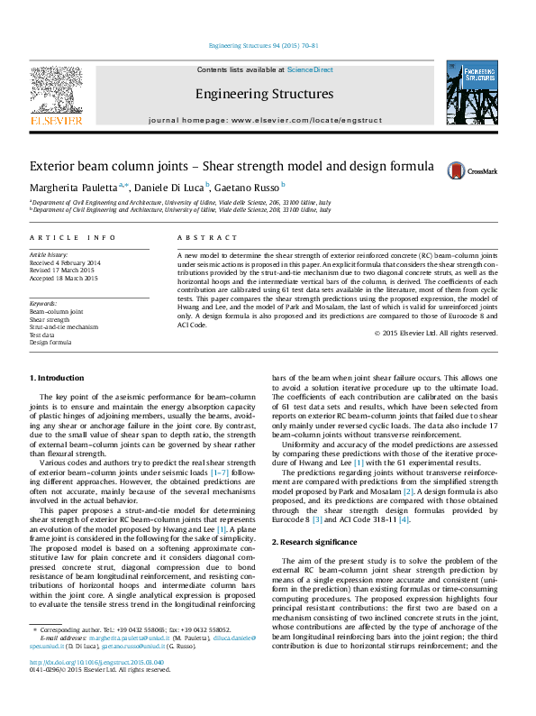 (PDF) Exterior beam column joints – Shear strength model and design formula