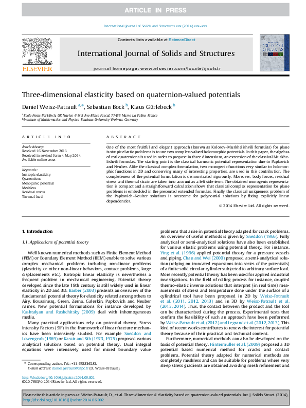 (PDF) Three-dimensional elasticity based on quaternion-valued potentials