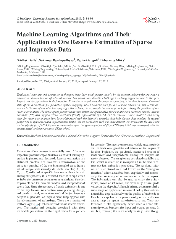 (PDF) Machine Learning Algorithms and Their Application to Ore Reserve Estimation of Sparse and ...