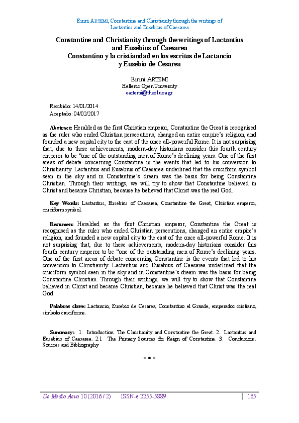 (PDF) Constantine and Christianity through the writings of Lactantius and Eusebius of Caesarea ...
