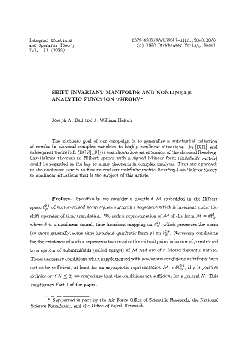 Pdf Shift Invariant Manifolds And Nonlinear Analytic Function Theory