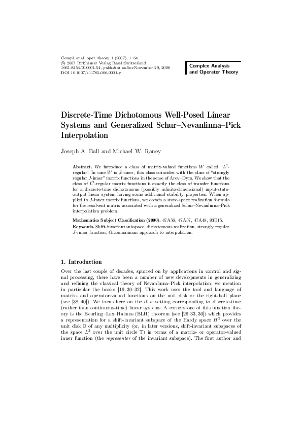 (PDF) Discrete-Time Dichotomous Well-Posed Linear Systems and Generalized Schur–Nevanlinna–Pick ...