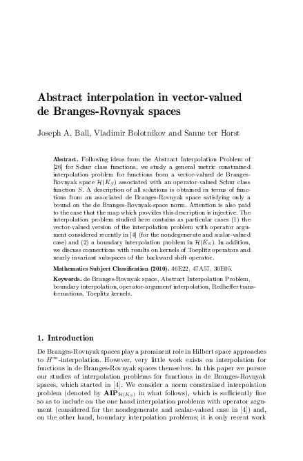 (PDF) Abstract Interpolation in Vector-Valued de Branges–Rovnyak Spaces