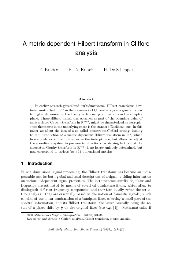 (PDF) A metric dependent Hilbert transform in Clifford analysis | Fred ...