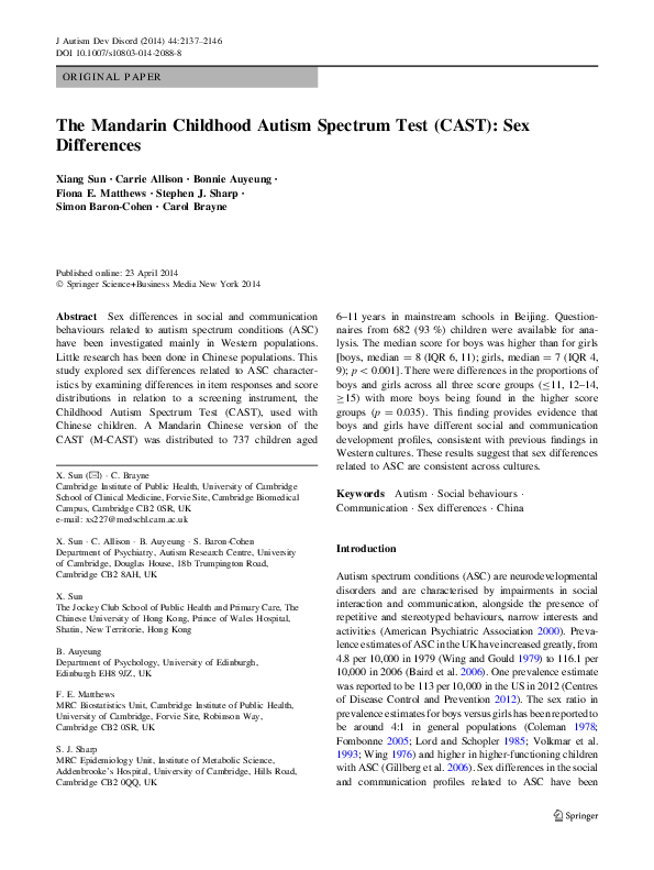 (PDF) The Mandarin Childhood Autism Spectrum Test (CAST): Sex Differences