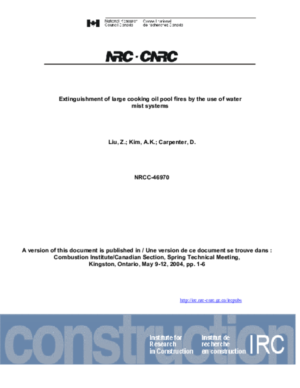 (PDF) Extinguishment of large cooking oil pool fires by the use of ...