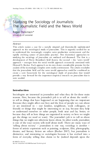 (PDF) Studying the Sociology of Journalists: The Journalistic Field and ...