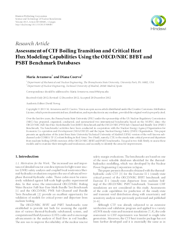 (PDF) Assessment of CTF Boiling Transition and Critical Heat Flux Modeling Capabilities Using ...