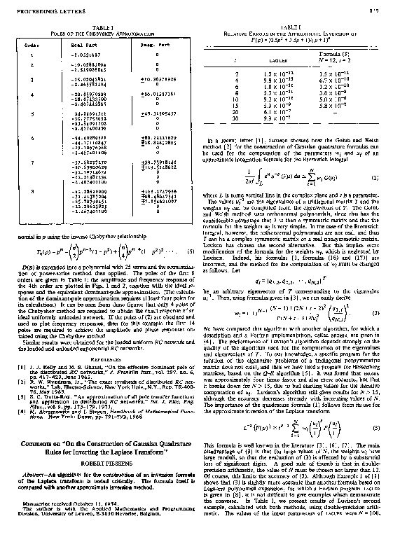 (PDF) Comments on "On the construction of Gaussian quadrature rules for inverting the Laplace ...