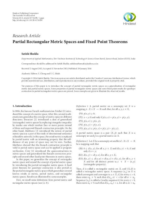 (PDF) Partial rectangular metric spaces and fixed point theorems