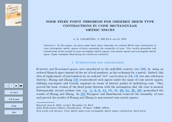 Pdf Some Fixed Point Theorems For Ordered Reich Type Contractions In Cone Rectangular Metric