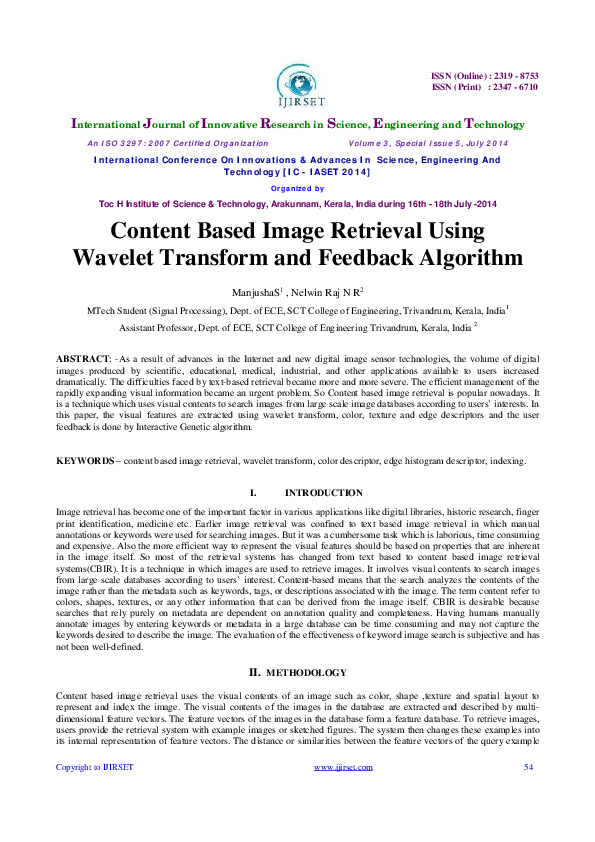 Pdf Content Based Image Retrieval Using Wavelet Transform And Feedback Algorithm