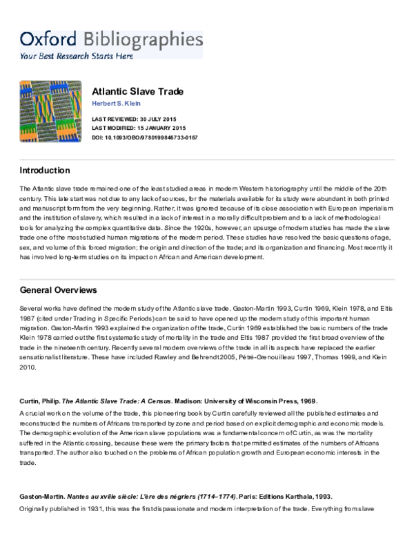 (PDF) “Atlantic Slave Trade,” Oxford Bibliographies