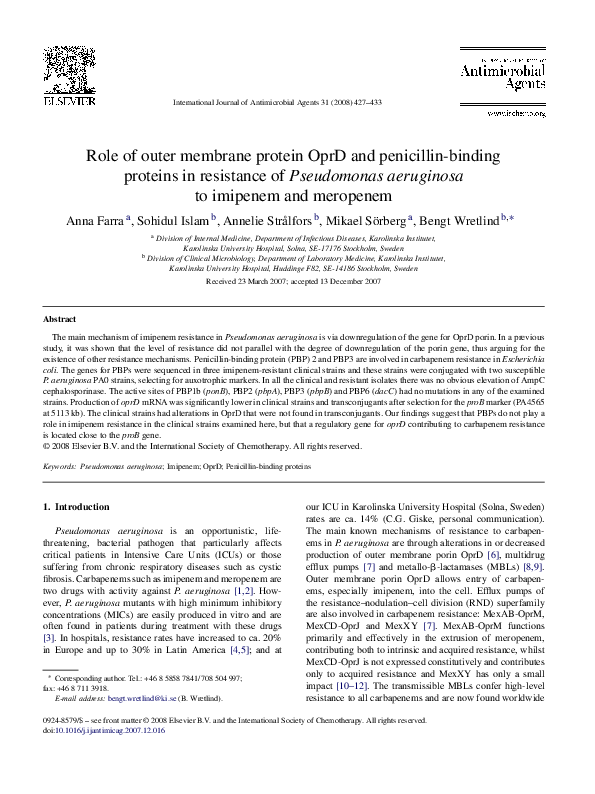 (PDF) Role of outer membrane protein OprD and penicillin-binding ...