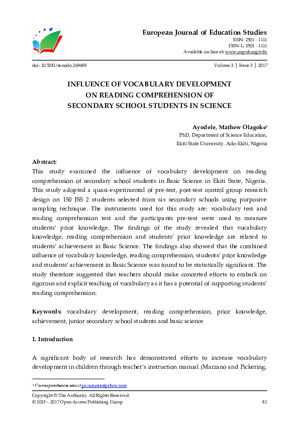 (PDF) INFLUENCE OF VOCABULARY DEVELOPMENT ON READING COMPREHENSION OF ...