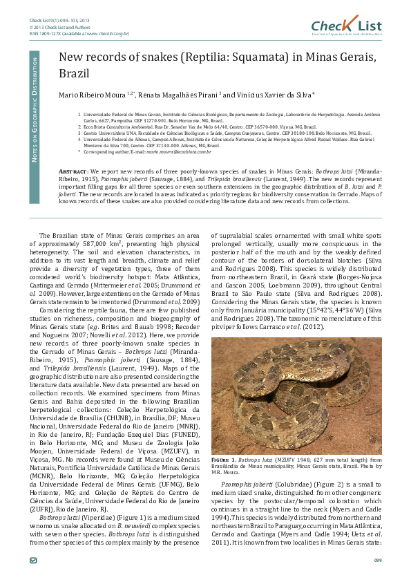 (PDF) New records of snakes (Reptilia: Squamata) in Minas Gerais, Brazil