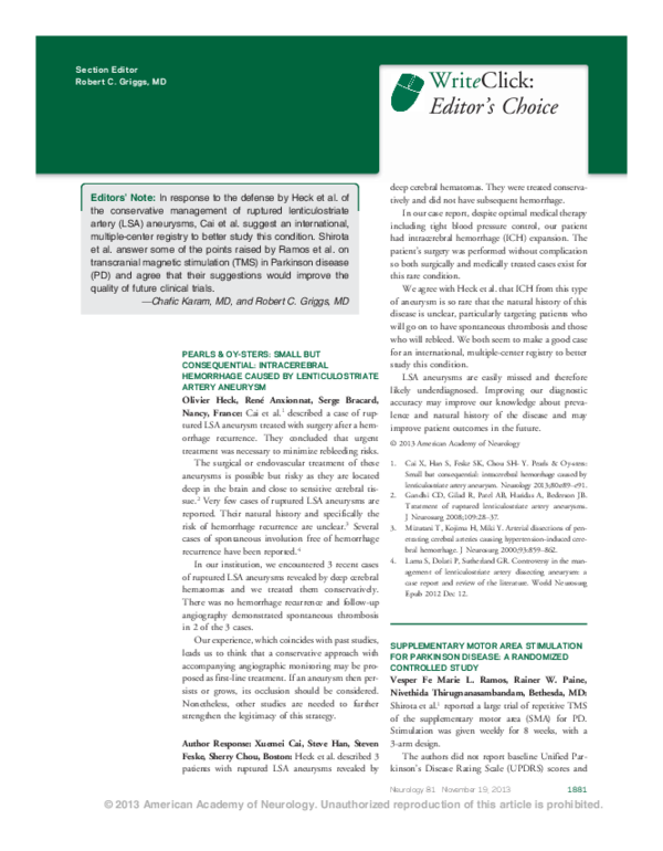 (PDF) Supplementary motor area stimulation for Parkinson disease: A ...