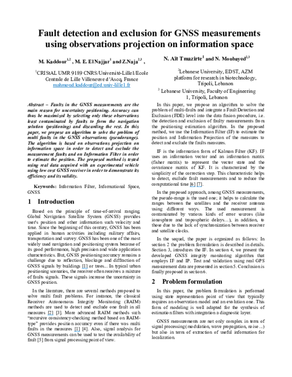 Pdf Fault Detection And Exclusion For Gnss Measurements Using Observations Projection On