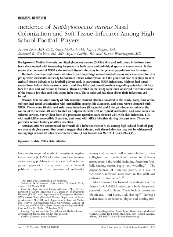 Pdf Incidence Of Staphylococcus Aureus Nasal Colonization And Soft Tissue Infection Among High