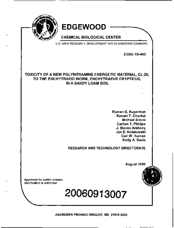 (PDF) Toxicity of a New Polynitramine Energetic Material, CL-20, to the ...