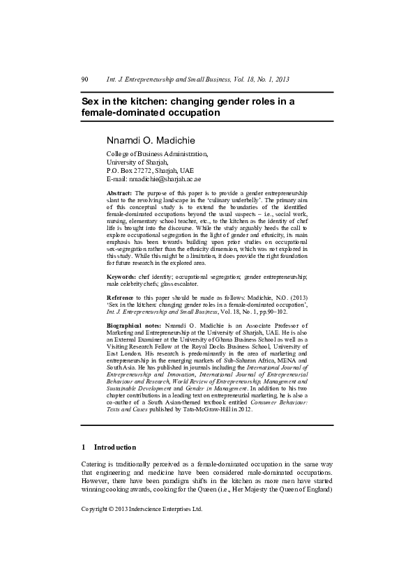 (PDF) Sex in the kitchen: changing gender roles in a female-dominated ...