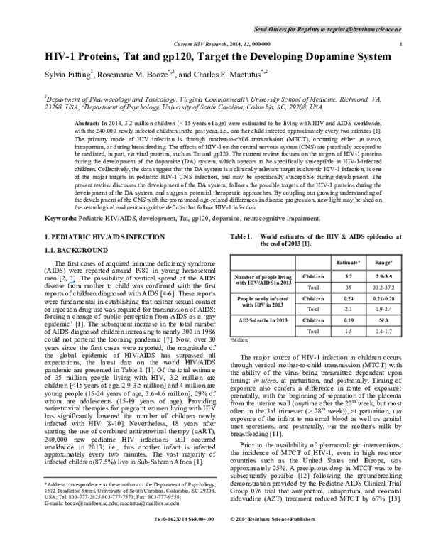 (PDF) HIV-1 Proteins, Tat and gp120, Target the Developing Dopamine ...
