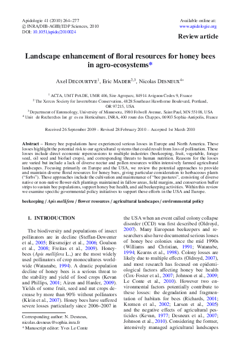 (PDF) Landscape enhancement of floral resources for honey bees in agro ...