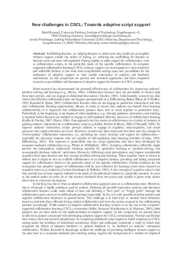 (PDF) New challenges in CSCL: Towards adaptive script support