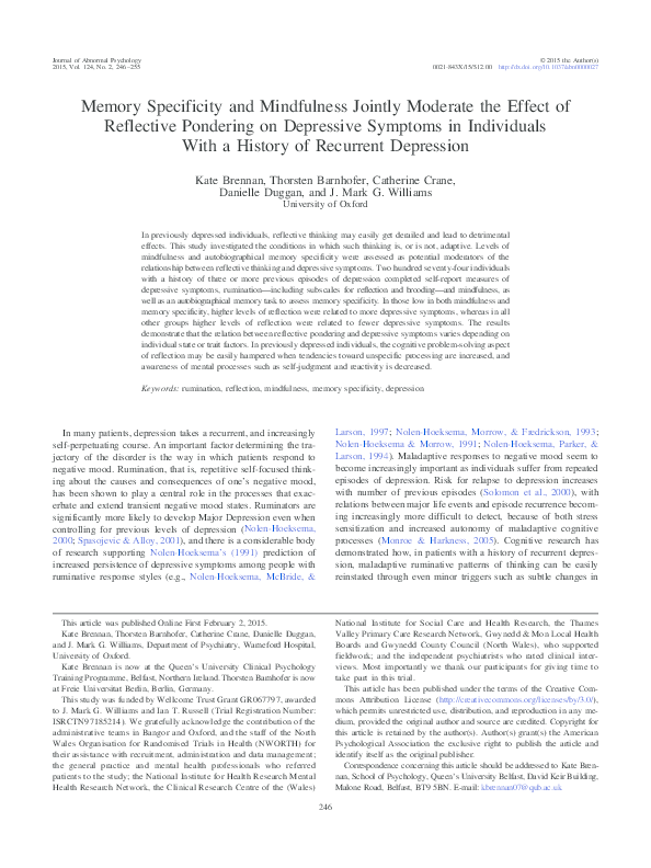 (PDF) Memory Specificity and Mindfulness Jointly Moderate the Effect of Reflective Pondering on ...