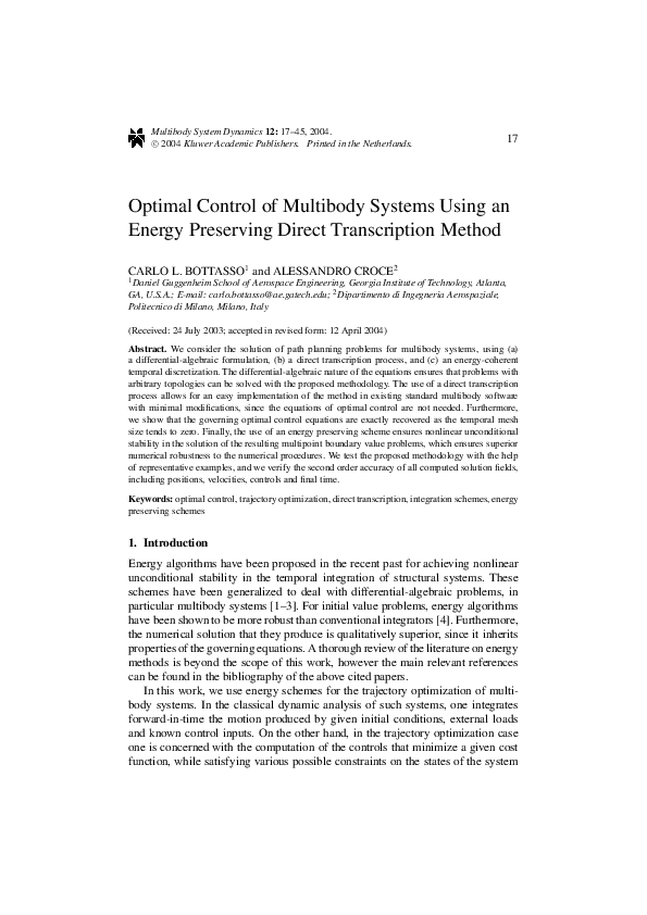 (PDF) Optimal Control of Multibody Systems Using an Energy Preserving Direct Transcription Method