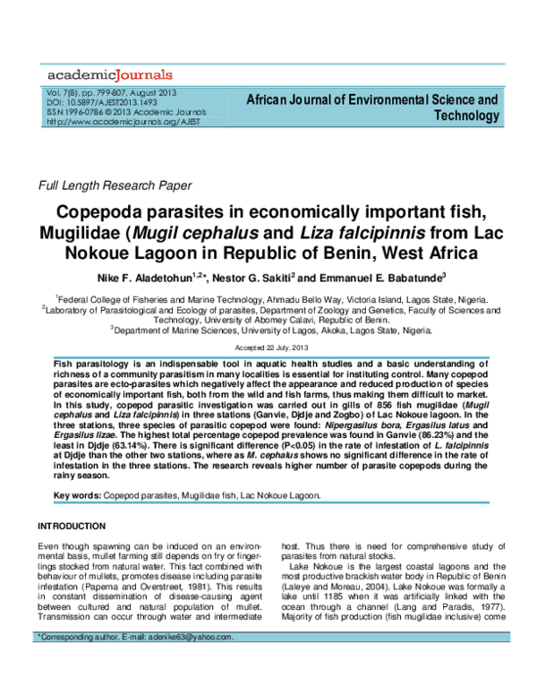 (PDF) Copepoda parasites in economically important fish, Mugilidae ...