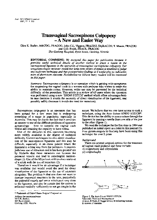 (PDF) Transvaginal Sacrospinous Colpopexy -A New and Easier Way