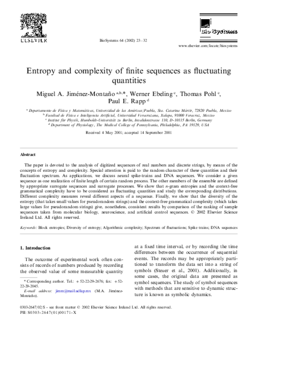 (PDF) Entropy and complexity of finite sequences as fluctuating quantities
