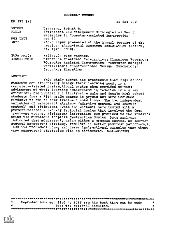 (PDF) Advisement and management strategies as design variables in computer-assisted instruction