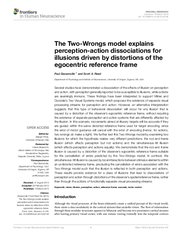 (PDF) The Two-Wrongs model explains perception-action dissociations for illusions driven by ...