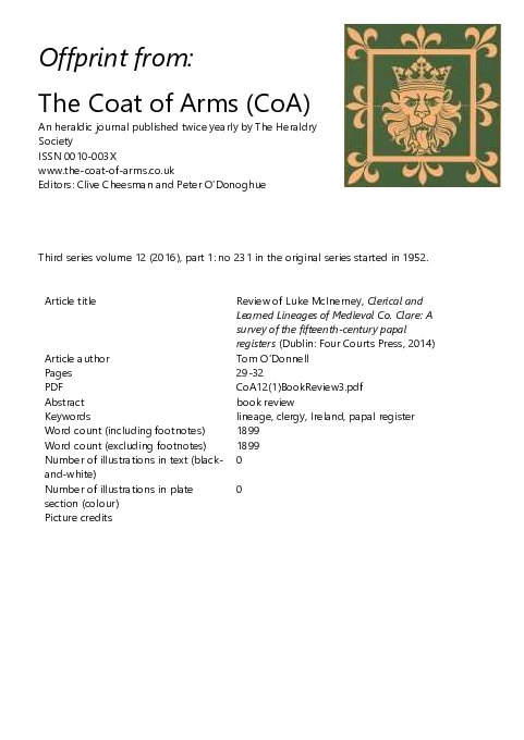 (PDF) Book Review of 'Clerical and learned lineages of medieval Co. Clare' in The Coat of Arms ...