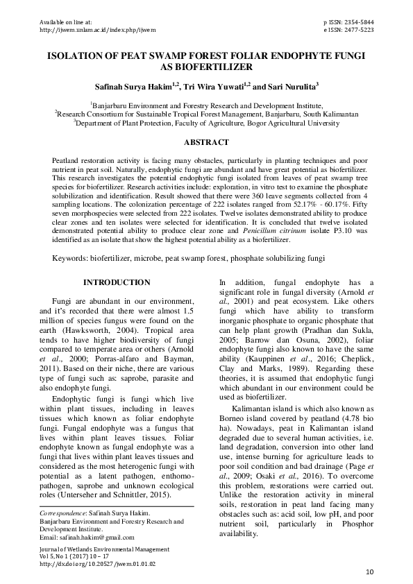 (PDF) ISOLATION OF PEAT SWAMP FOREST FOLIAR ENDOPHYTE FUNGI AS BIOFERTILIZER