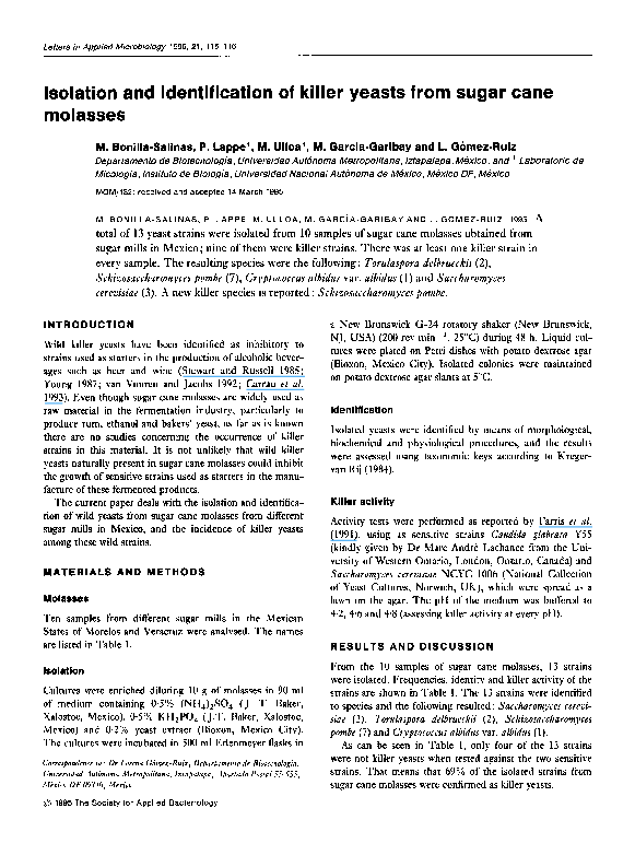 (PDF) Isolation and identification of killer yeasts from sugar cane molasses