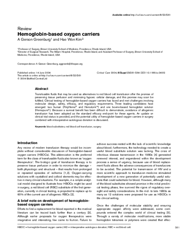 (PDF) Hemoglobin-based oxygen carriers
