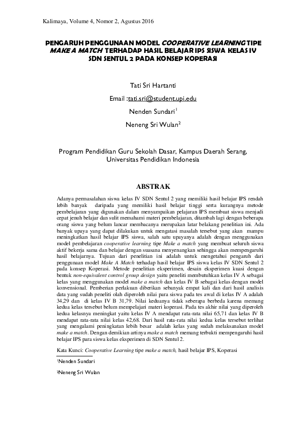 (PDF) PENGARUH PENGGUNAAN MODEL COOPERATIVE LEARNING TIPE MAKE A MATCH TERHADAP HASIL BELAJAR ...