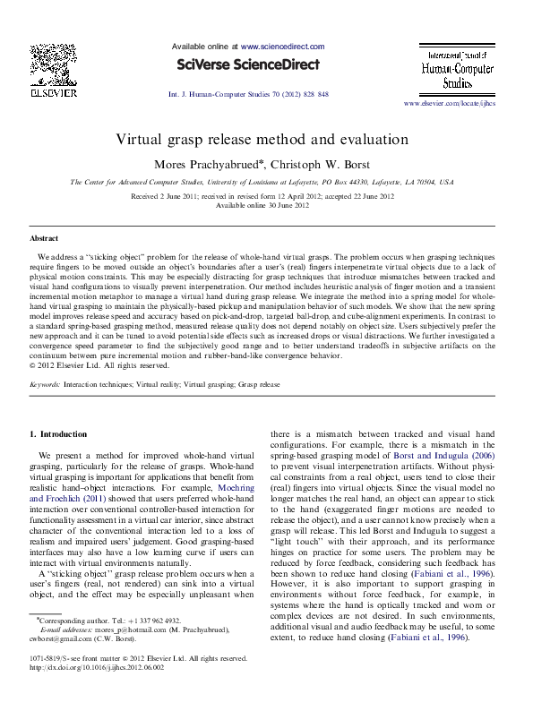 (PDF) Virtual grasp release method and evaluation