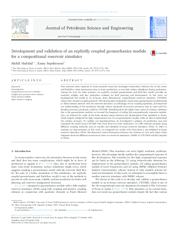 (PDF) Development and Validation of an Explicitly Coupled Geomechanics Module for a ...