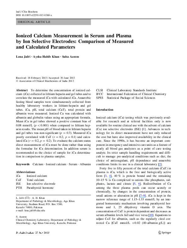 (PDF) Ionized Calcium Measurement in Serum and Plasma by Ion Selective ...